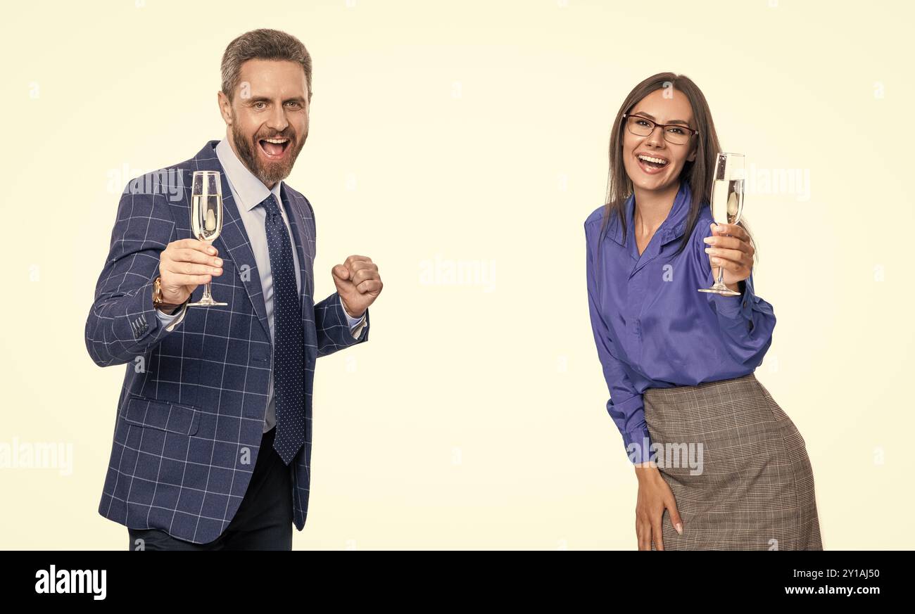 Business partners celebrating success cheering champagne ...
