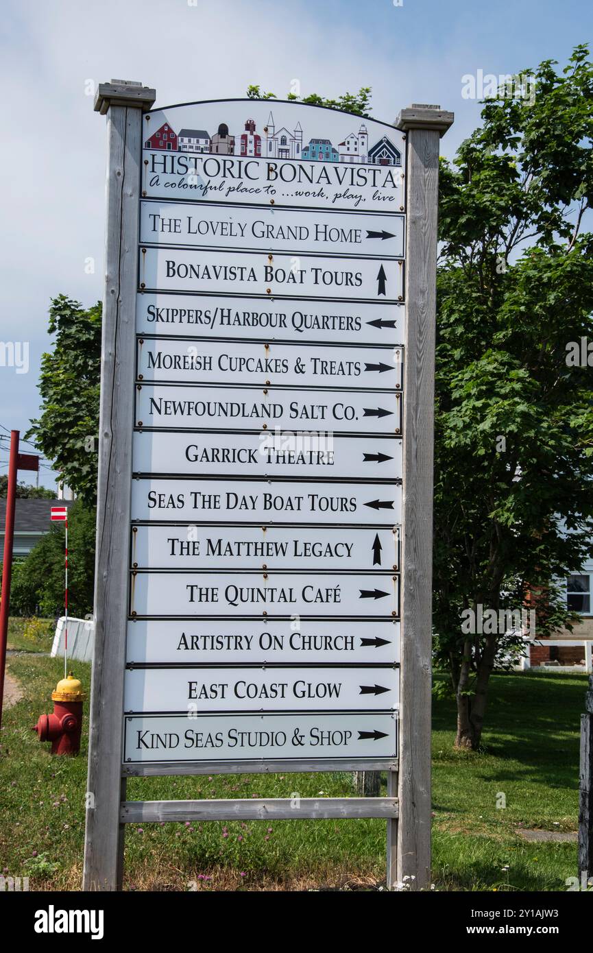 Historic Bonavista directional sign showing attractions and amenities ...
