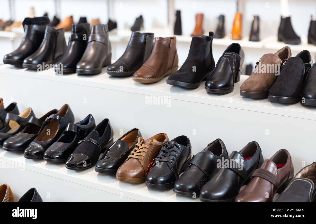 Variety of womens demi-season shoes on shop window Stock Photo - Alamy
