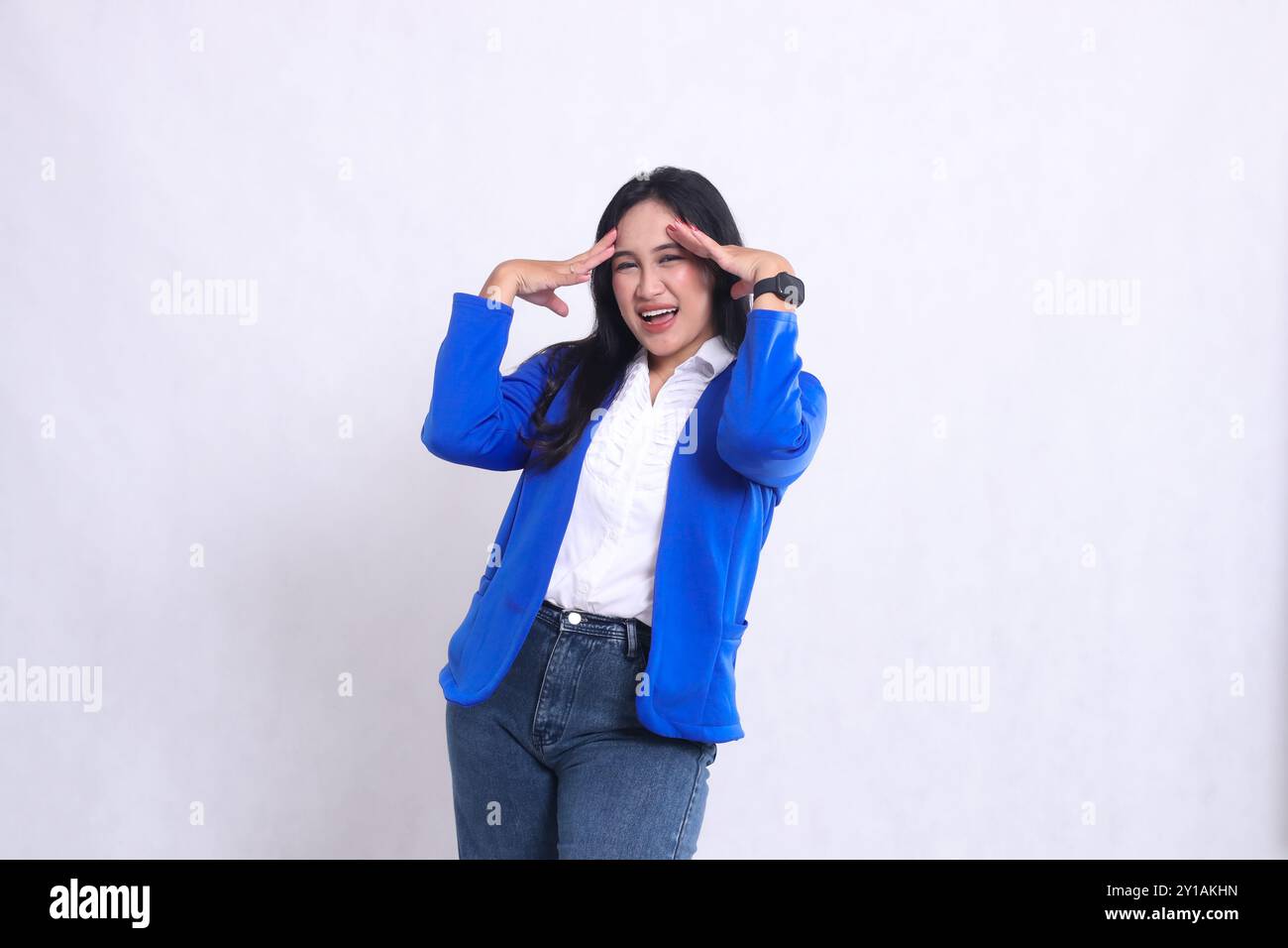 gesture of beautiful young office woman wearing a blue formal suit ...