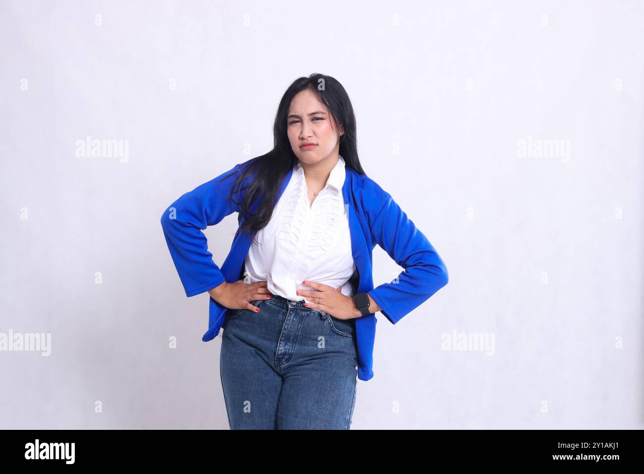 expression of beautiful young office woman wearing blue formal suit ...