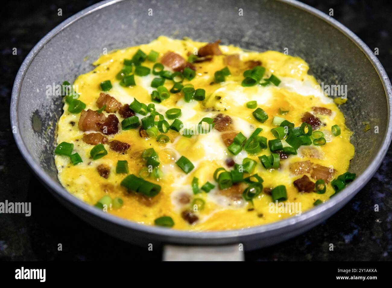 Traditional omelette with bacon and chives, real food, strong and ...