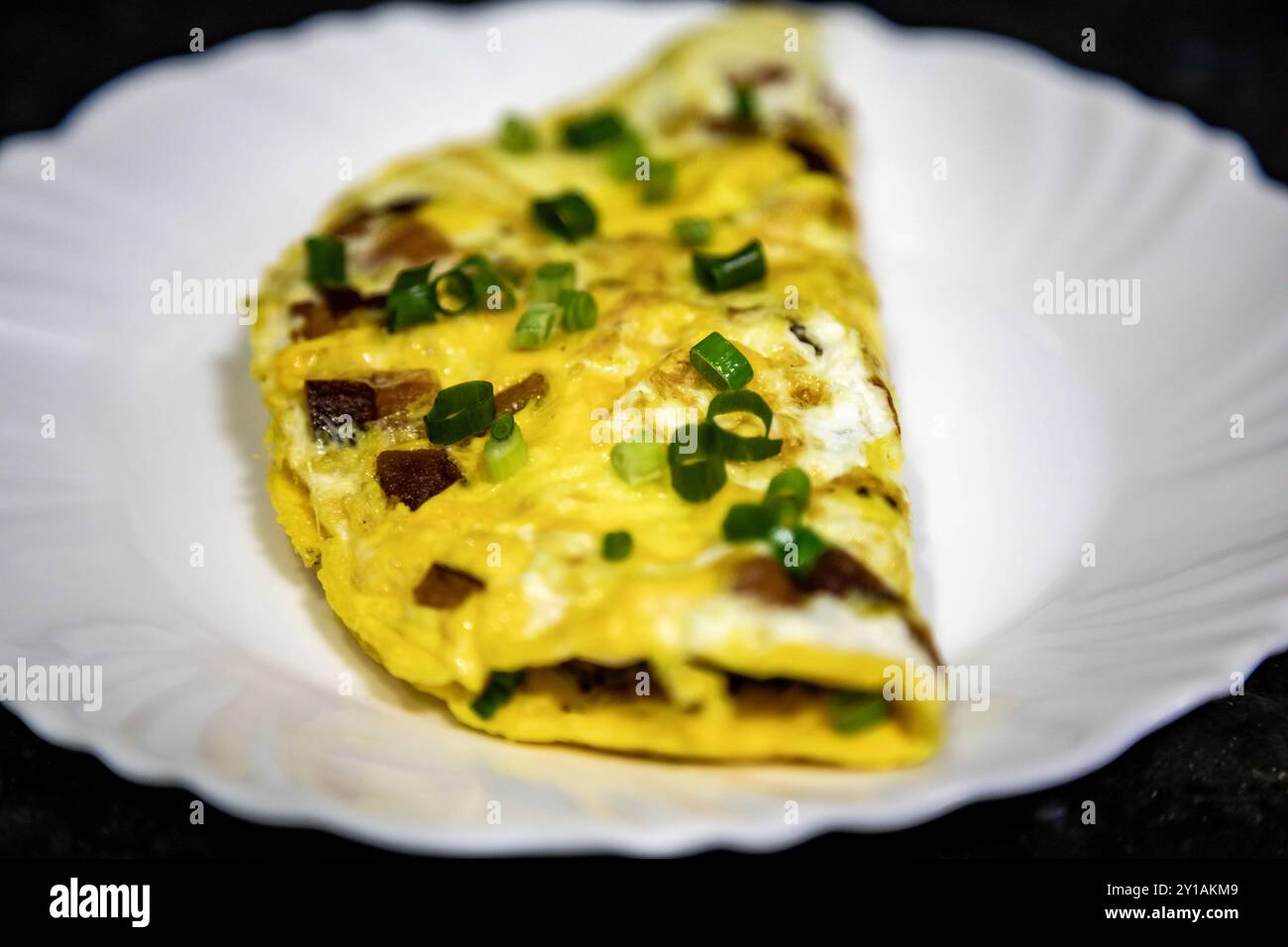 Traditional omelette with bacon and chives, real food, strong and ...