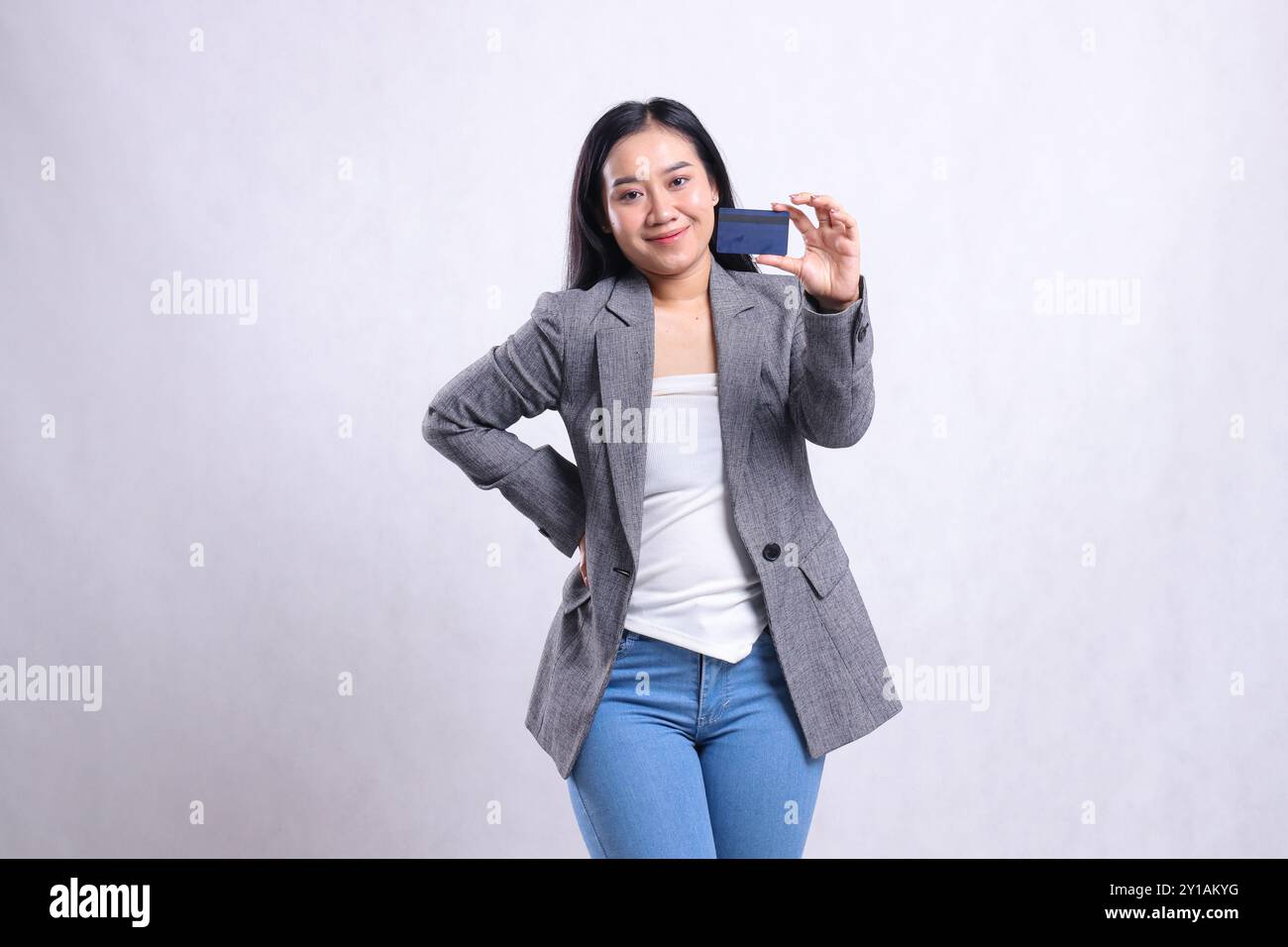 expression of beautiful young office woman smile hold waist and hold ...