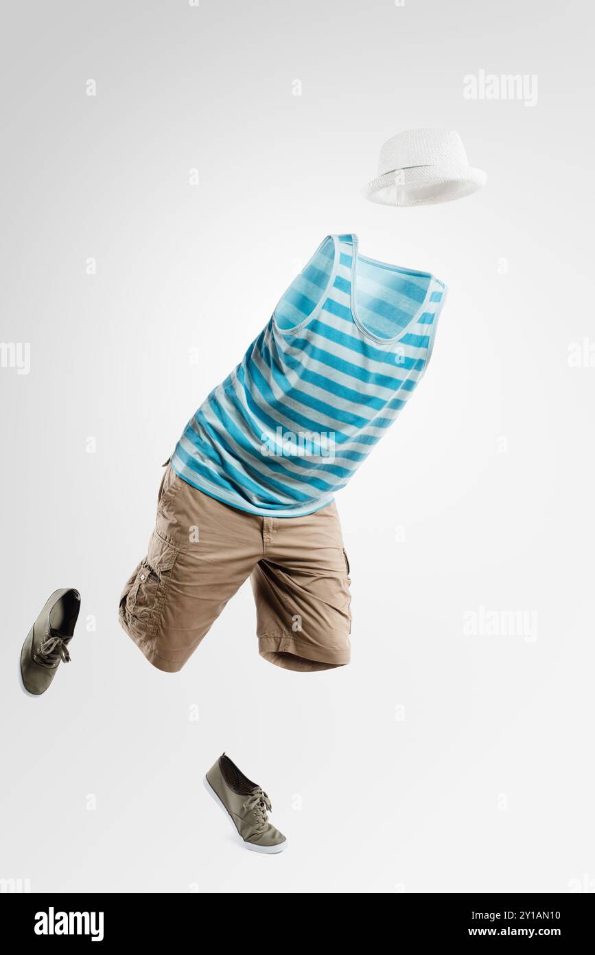 Invisible, fashion and ghost in studio running with casual outfit ...