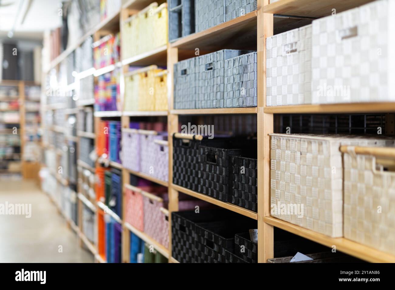 Hardware store shelves filled with boxes for linen closeup Stock Photo ...