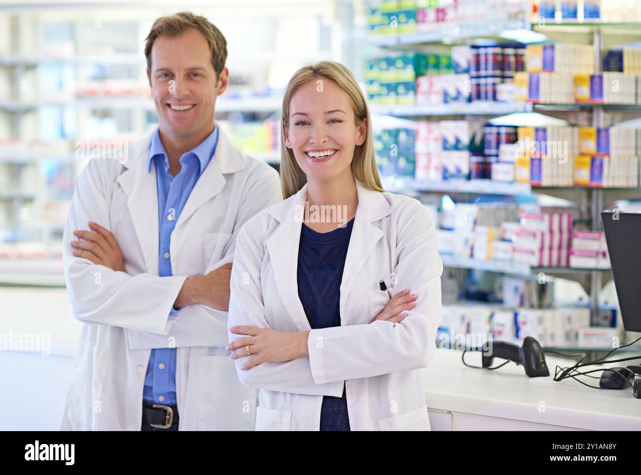Pharmacy, man and woman in portrait with confidence, smile and ...