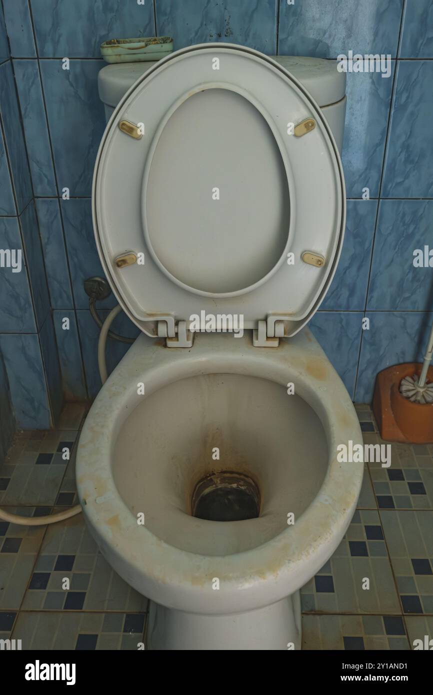 A close-up image of a dirty and neglected toilet bowl. The white ...