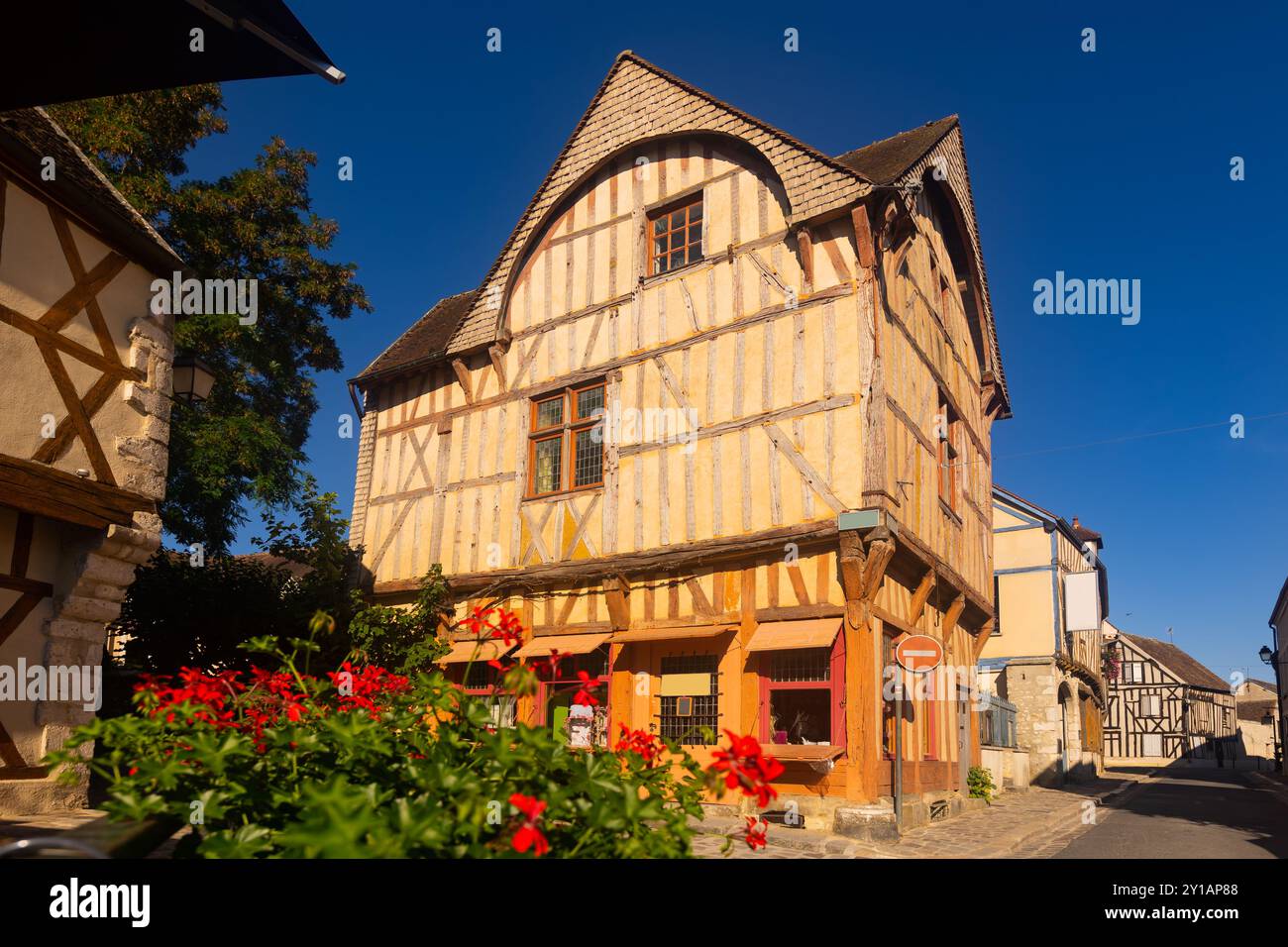 Medieval half-timbered houses on streets in French town of Provins ...