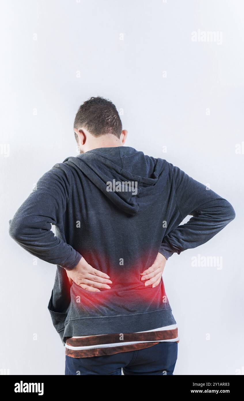 Male person with spine problems isolated. Back view of person with back ...