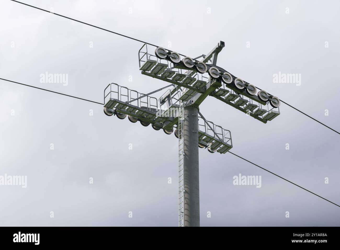 A cable car support with steel cables in a cloudy sky, Jennerbahn am ...