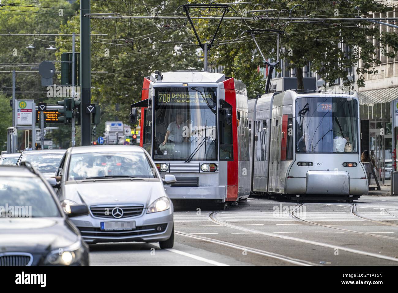 Local transport, Rheinbahn trams, on Graf-Adolf-Strasse, North Rhine ...