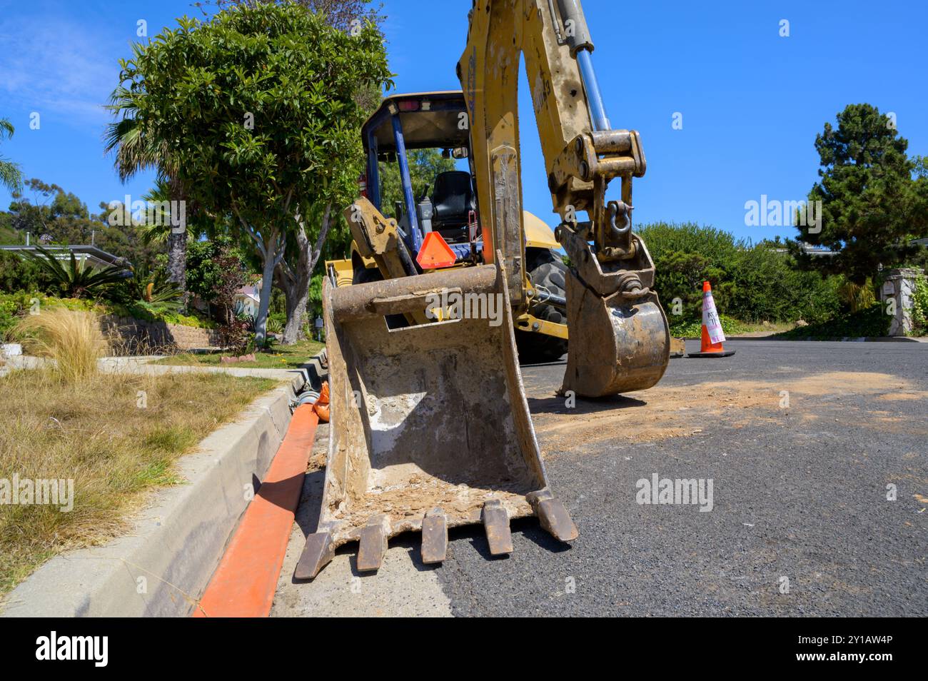 Road works digging construction in residential streets California Stock ...