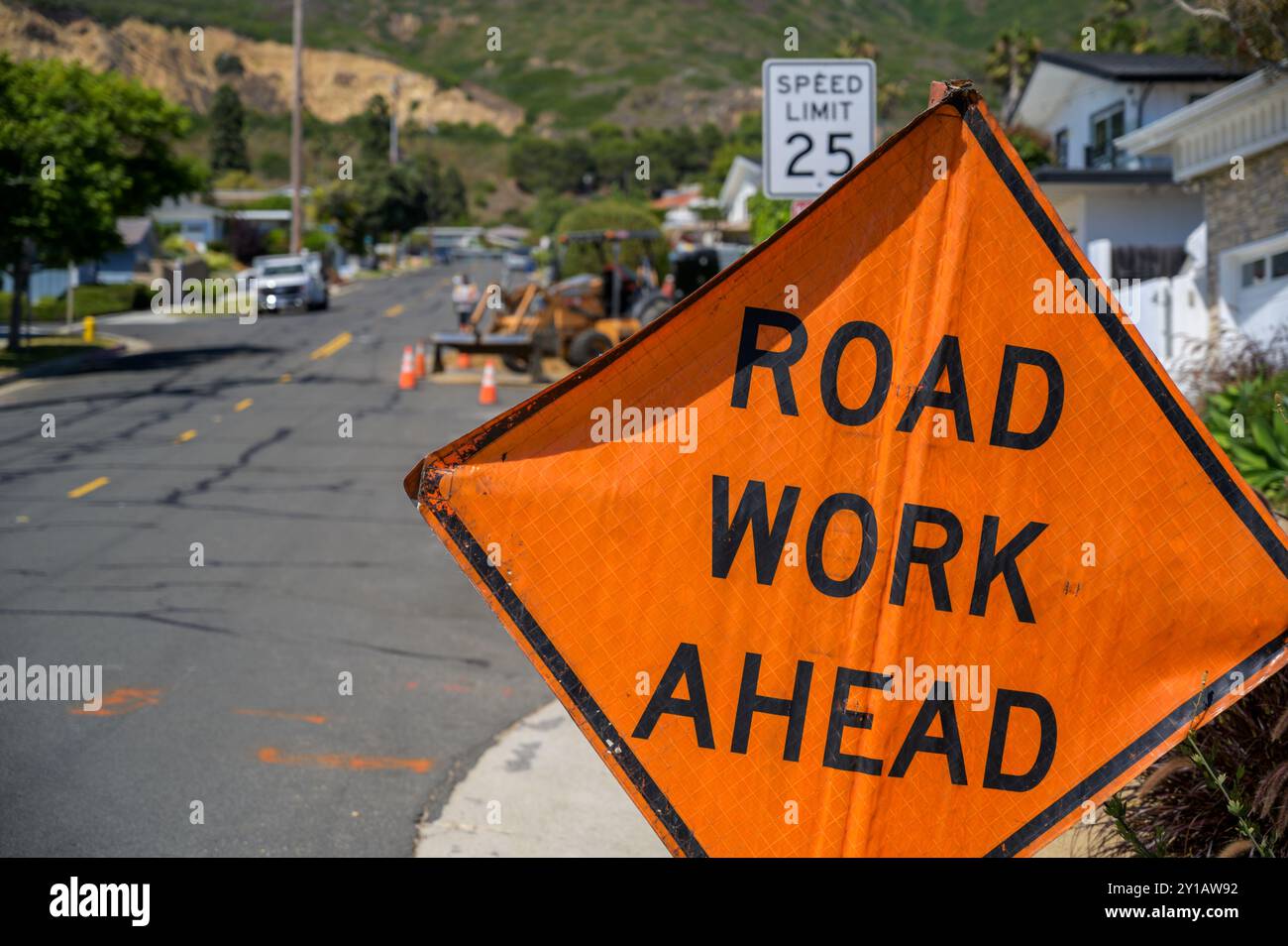 Road works digging construction in residential streets California, USA ...