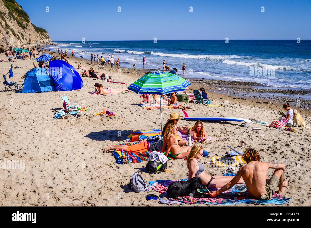 Santa Barbara, California USA - April 29, 2017: Sunbathers on the the ...