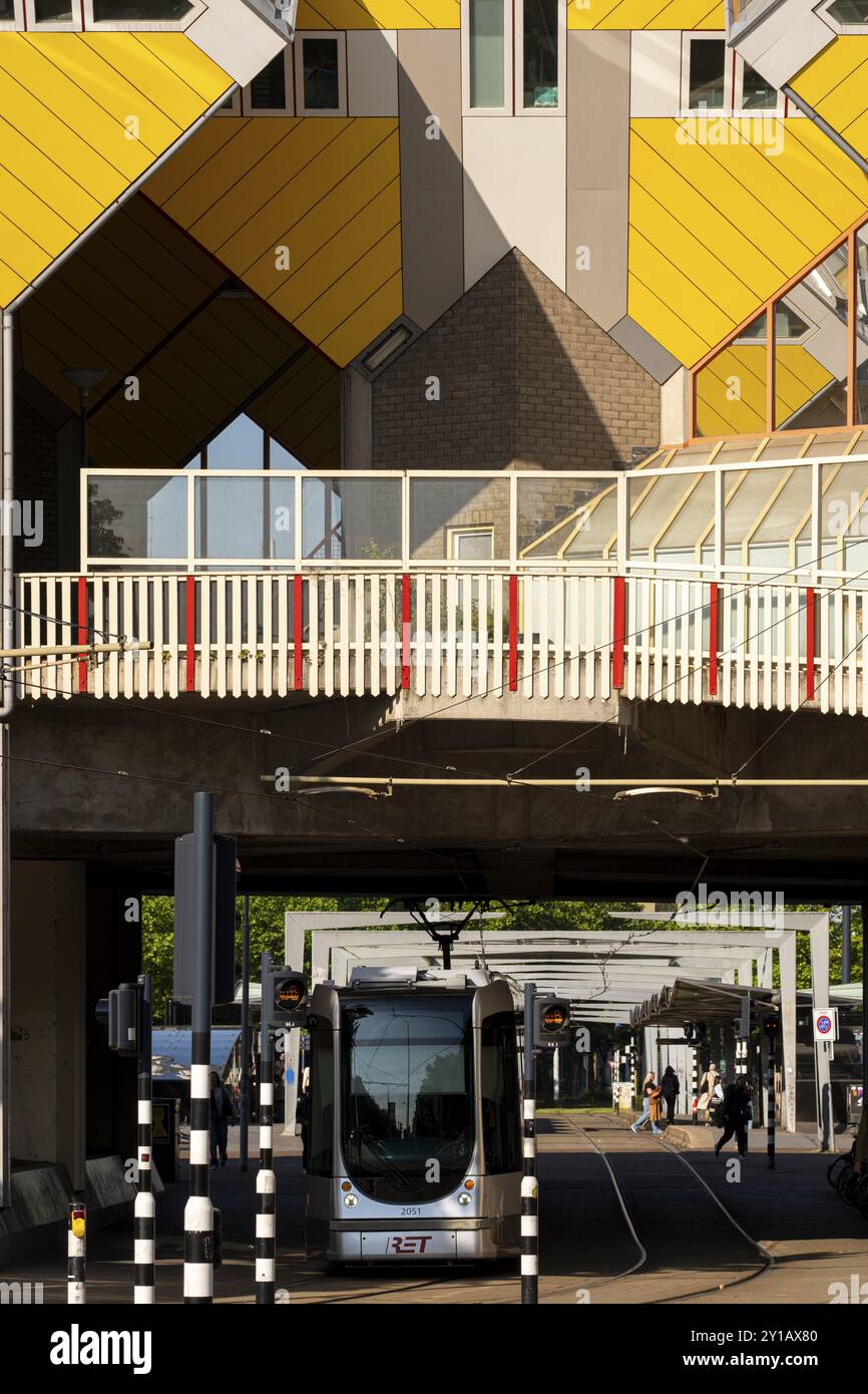 Tram in Rotterdam city center passing under the Cube Houses Stock Photo ...