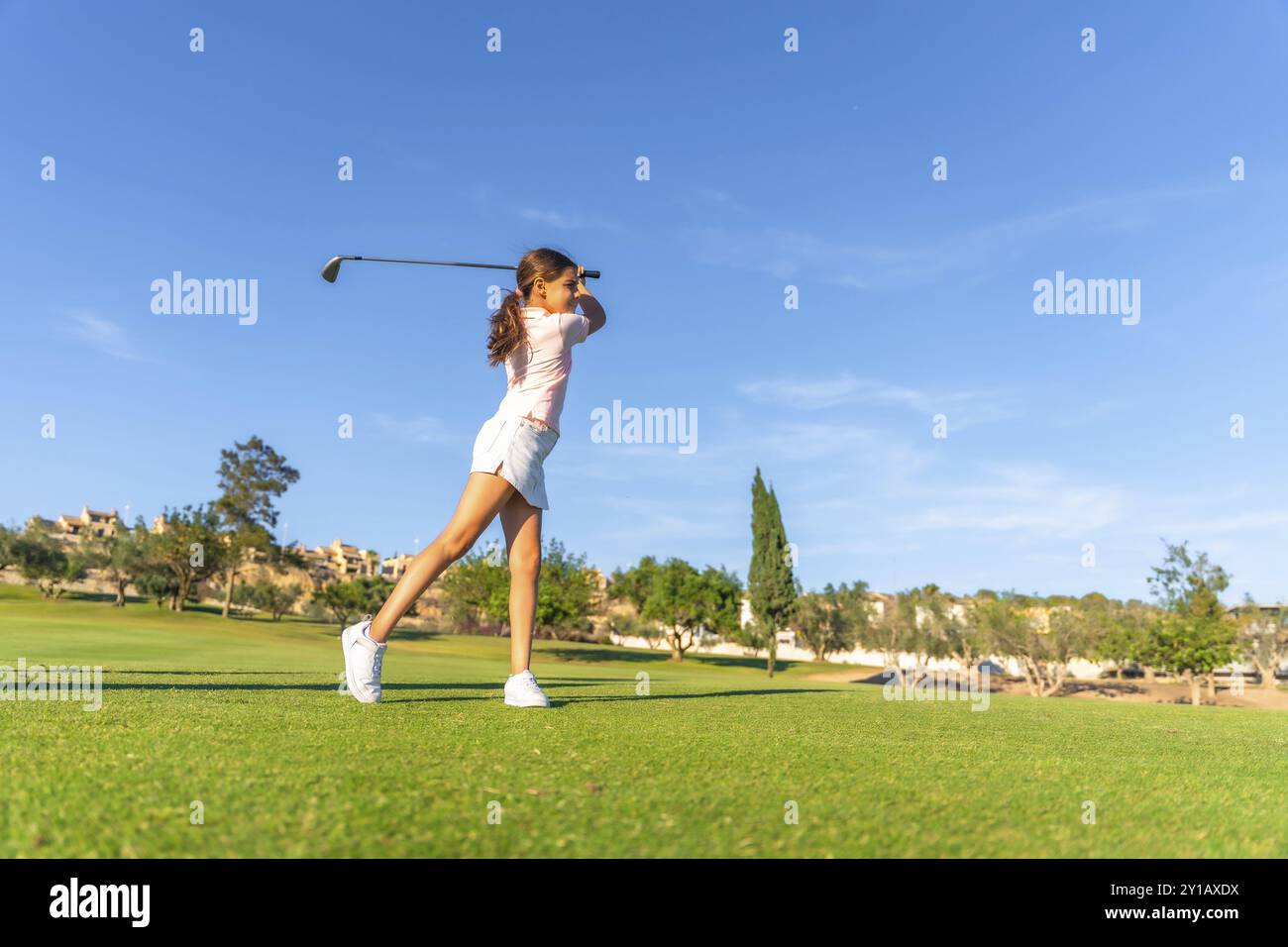 Horizontal full length photo with copy space of a blonde caucasian ...