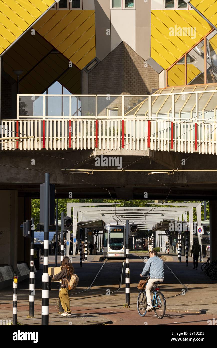 Tram in Rotterdam city center passing under the Cube Houses Stock Photo ...