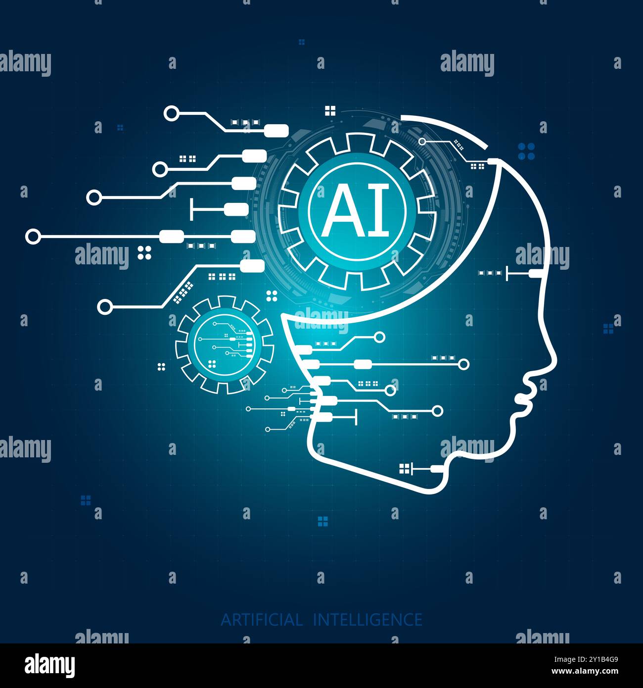 Processor with artificial intelligence AI. Icon with long shadow on blue background. Flat Design ...