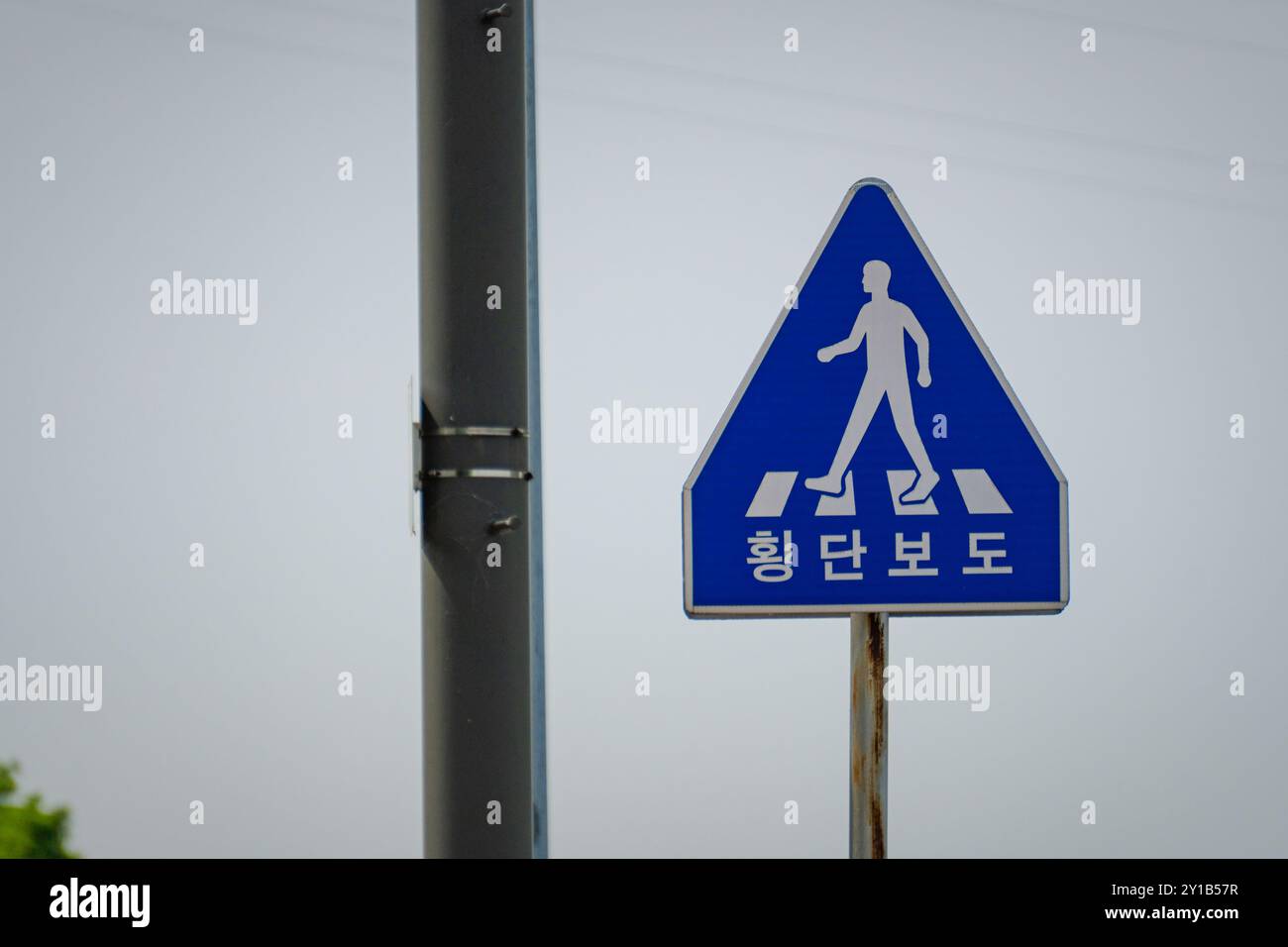 Signs indicating pedestrian crossings on bicycle paths in Korea Stock ...