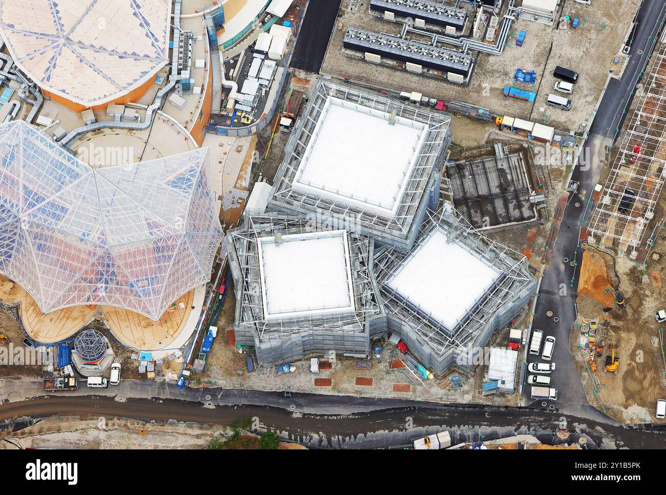 An aerial photo shows a construction site in progress at the Osaka ...