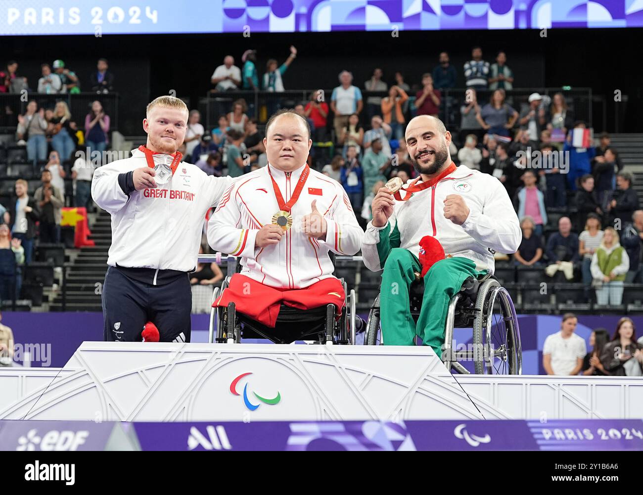 Paris, France. 5th Sep, 2024. Gold medalist Zou Yi (C) of China, silver ...