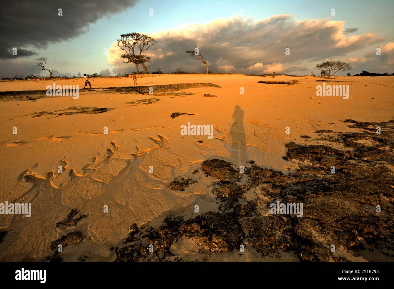 Landscape of rocky, sandy beach that is captured before sunset time in ...