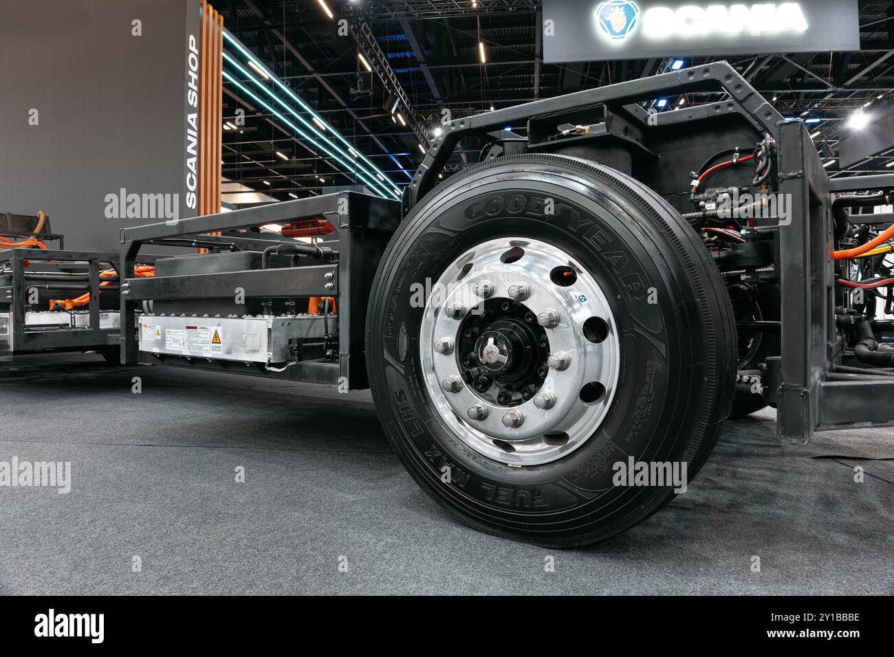 Detail of the BYD chassis and batteries of an electric bus vehicle on ...