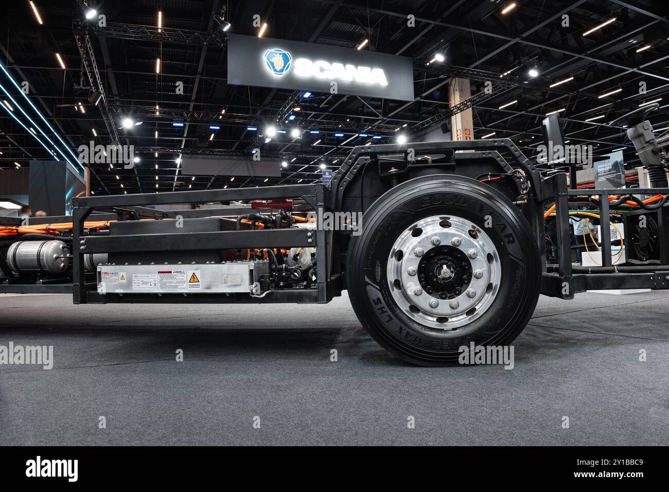 Detail of the BYD chassis and batteries of an electric bus vehicle on ...