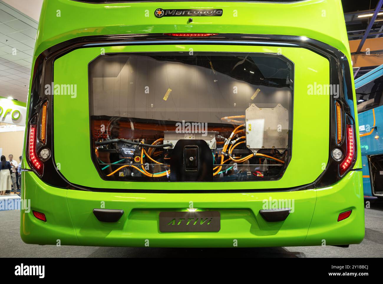 Detail of the rear and electric motor mechanism of a Marcopolo Attivi ...