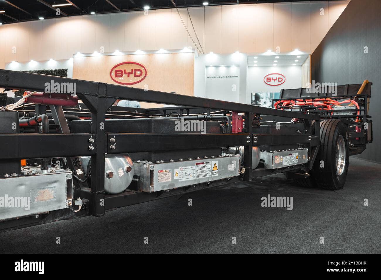 Detail of the BYD chassis and batteries of an electric bus vehicle on ...