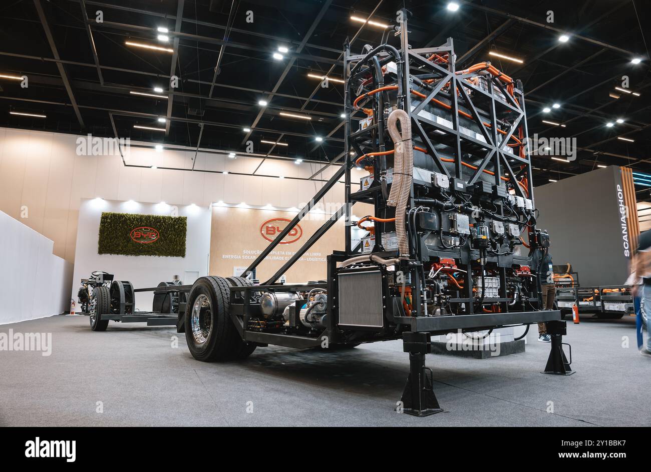 Detail of the BYD chassis and batteries of an electric bus vehicle on ...