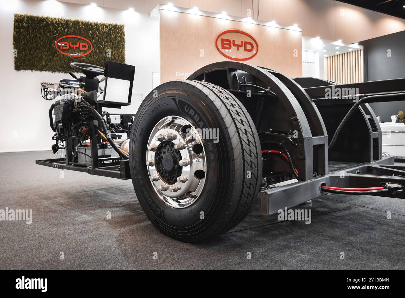 Detail of the BYD chassis and batteries of an electric bus vehicle on ...