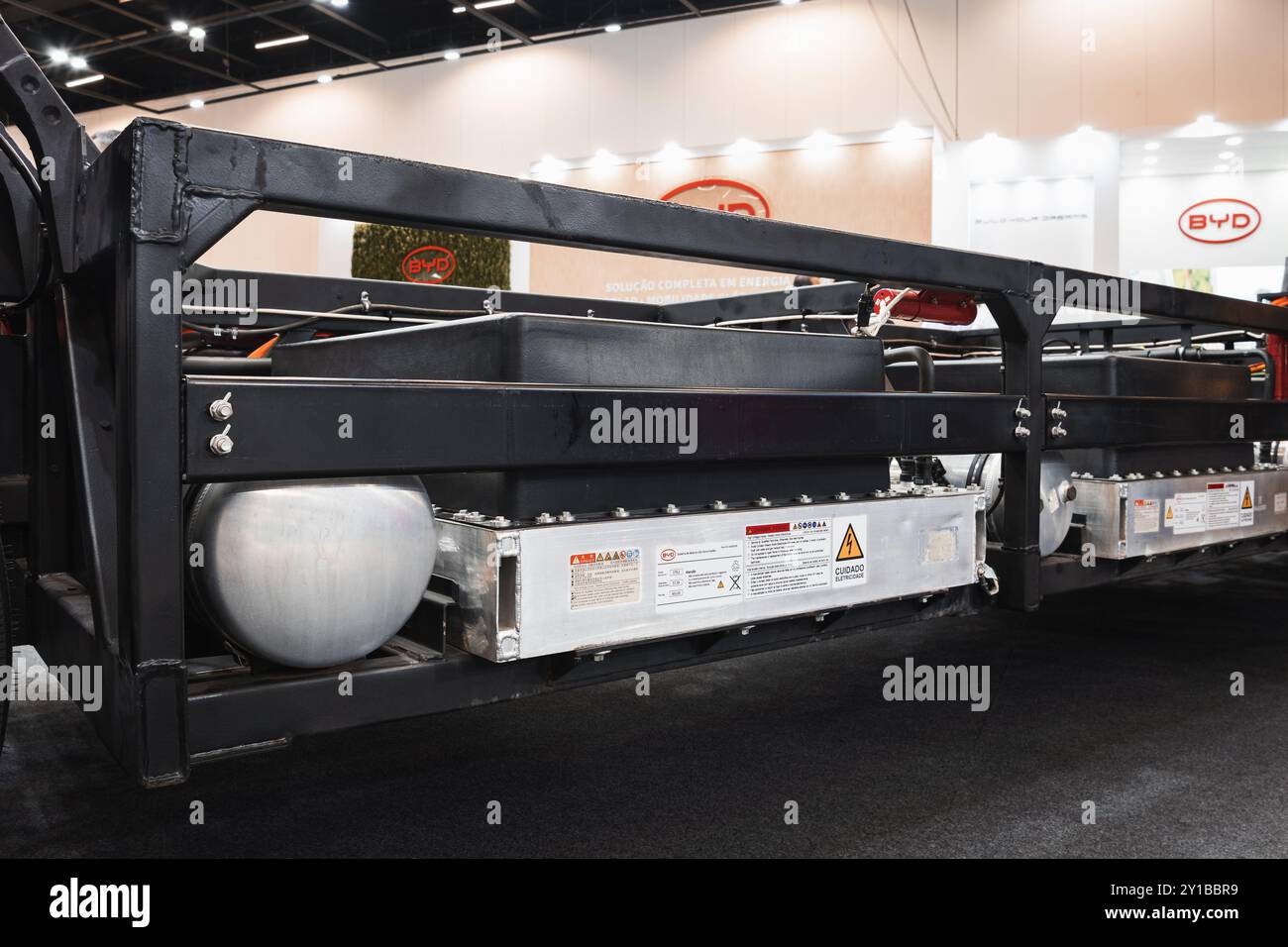 Detail of the rear axle of an electric bus chassis on exhibition at the ...