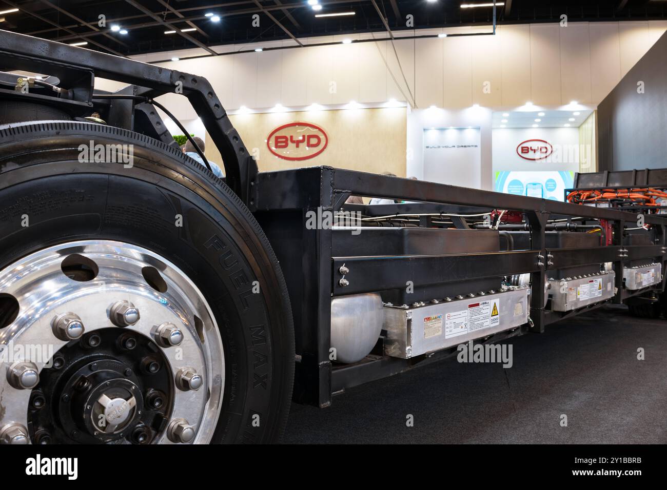 Detail of the rear axle of an electric bus chassis on exhibition at the ...