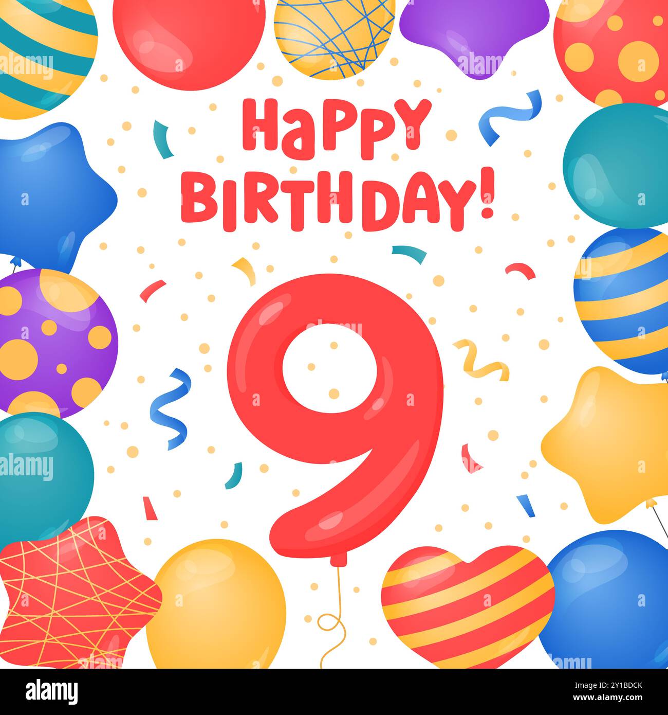 Happy Birthday 9 years card design. Ninth Birthday celebration. Vector ...