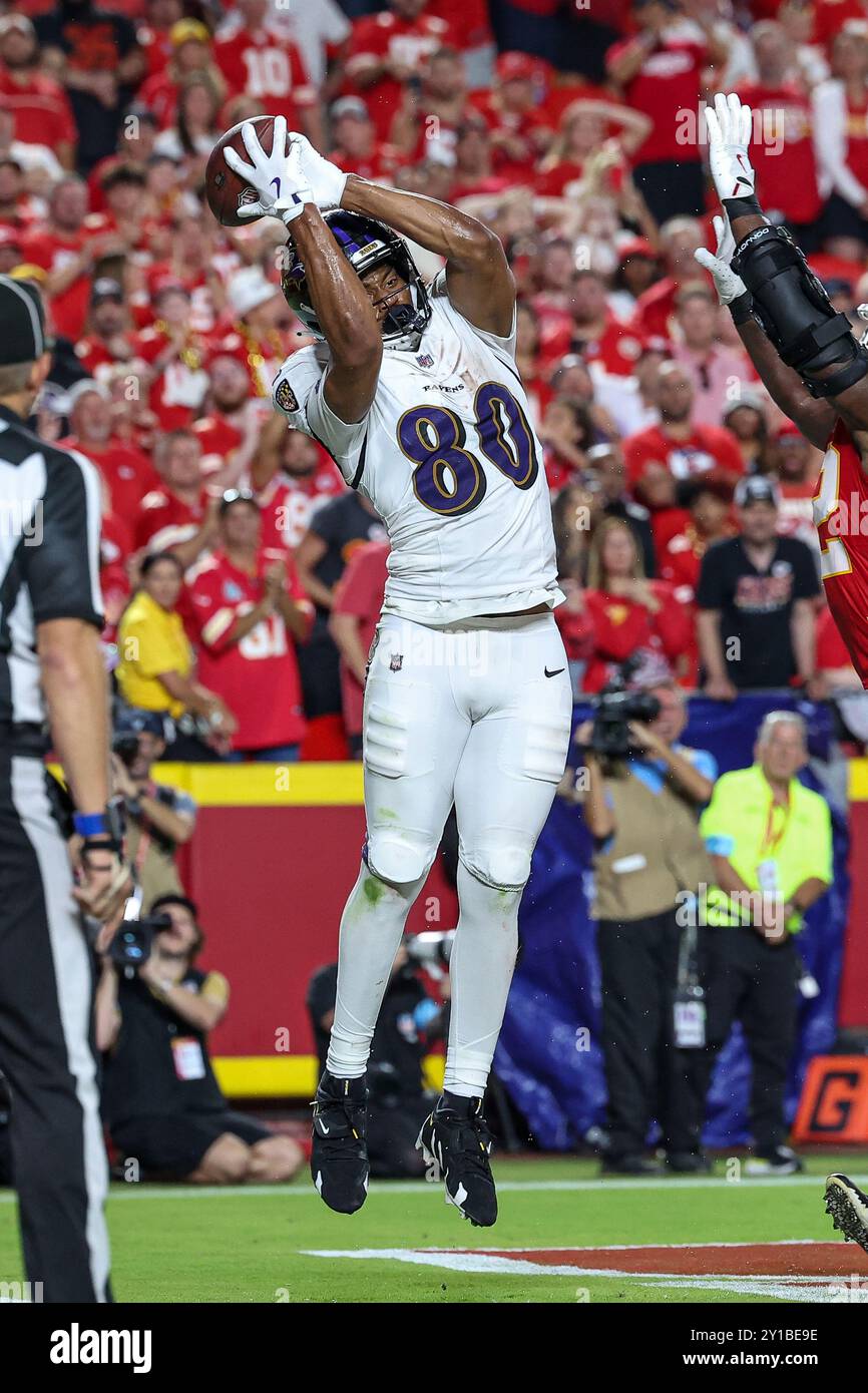 Kansas City, MO, USA. 5th Sep, 2024. Baltimore Ravens tight end Isaiah ...