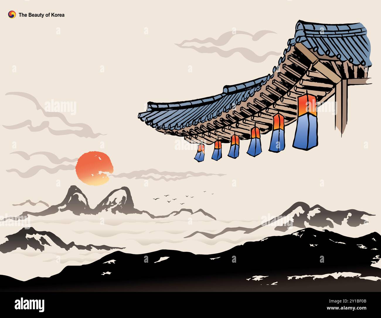 Beautiful Korea, majestic sunrise and mountains, lanterns on the eaves ...