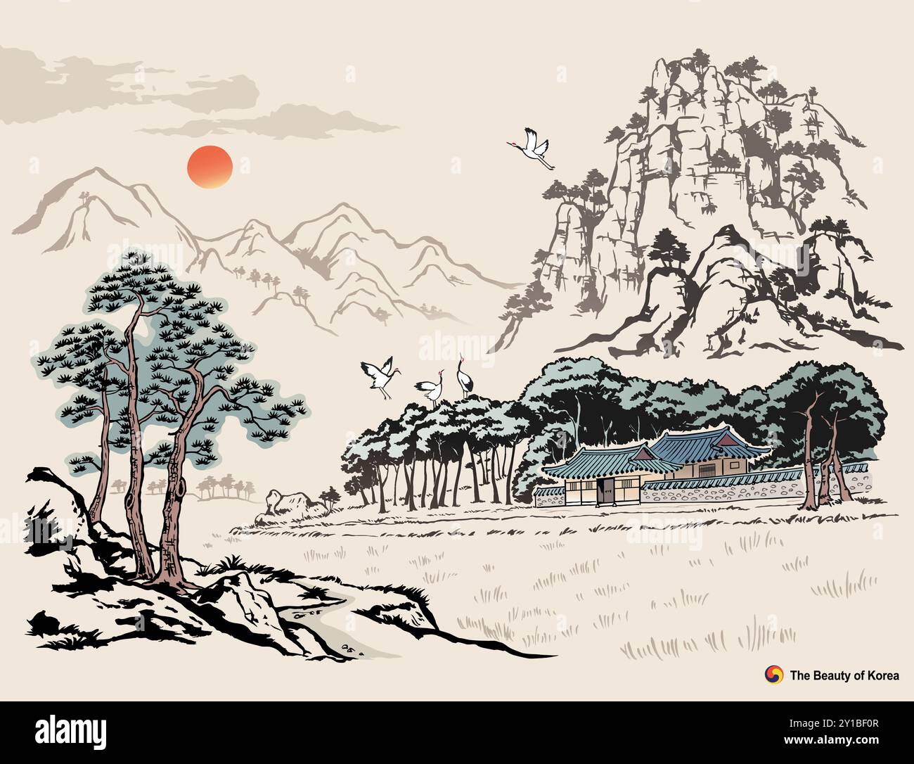 Beautiful Korea, tranquil nature landscape with sunrise and Hanok, ink ...