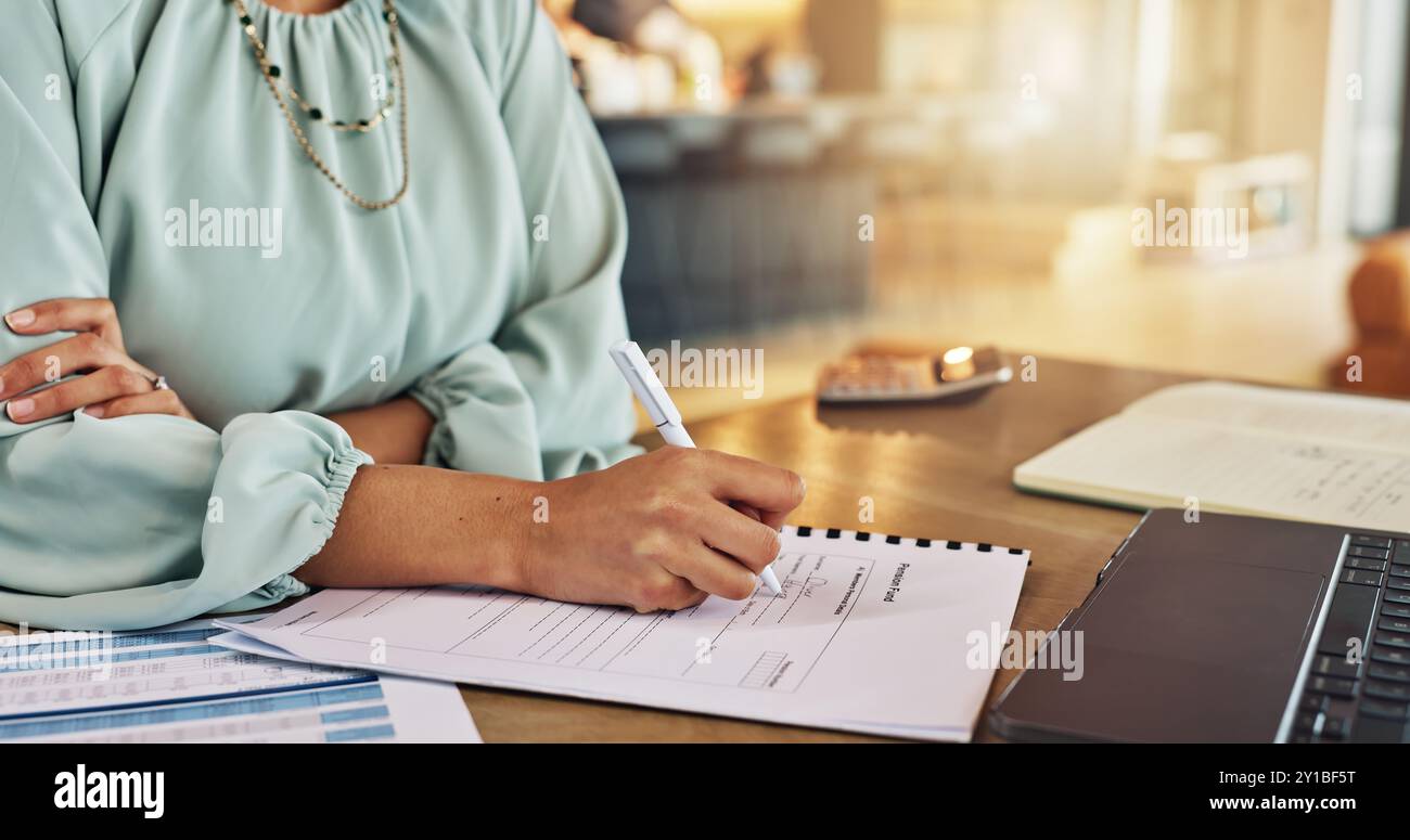 Hands, writing and pension documents in home for person with finance ...