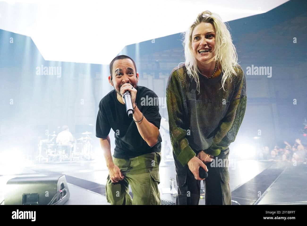 Mike Shinoda, left, and Emily Armstrong of Linkin Park perform on ...
