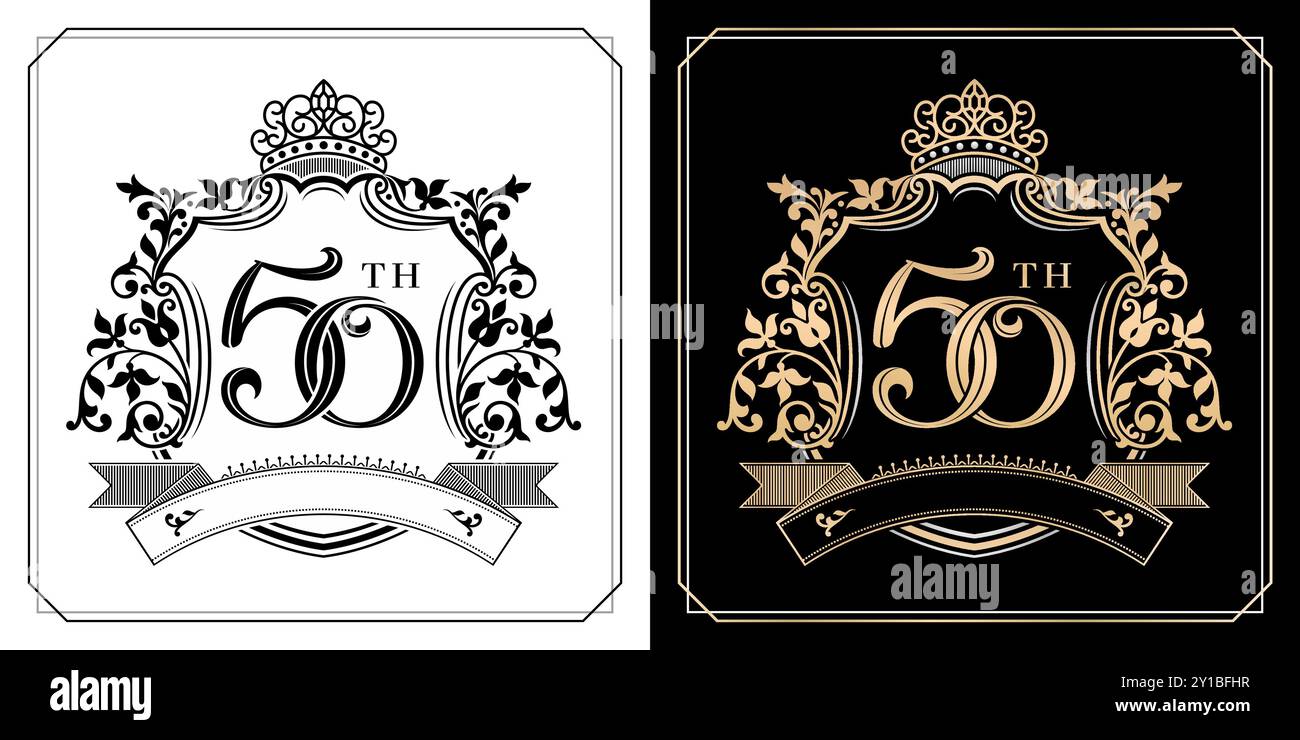 50th Golden anniversary symbol with royal crown emblems, two variation gold and monochrome ...