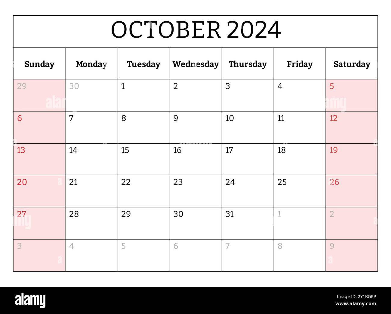 October 2024 ENGLISH month calendar. Vector printable illustration ...