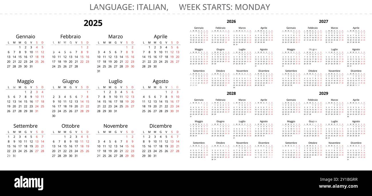 2025, 2026, 2027, 2028, 2029 year italian calendars. Printable vector ...