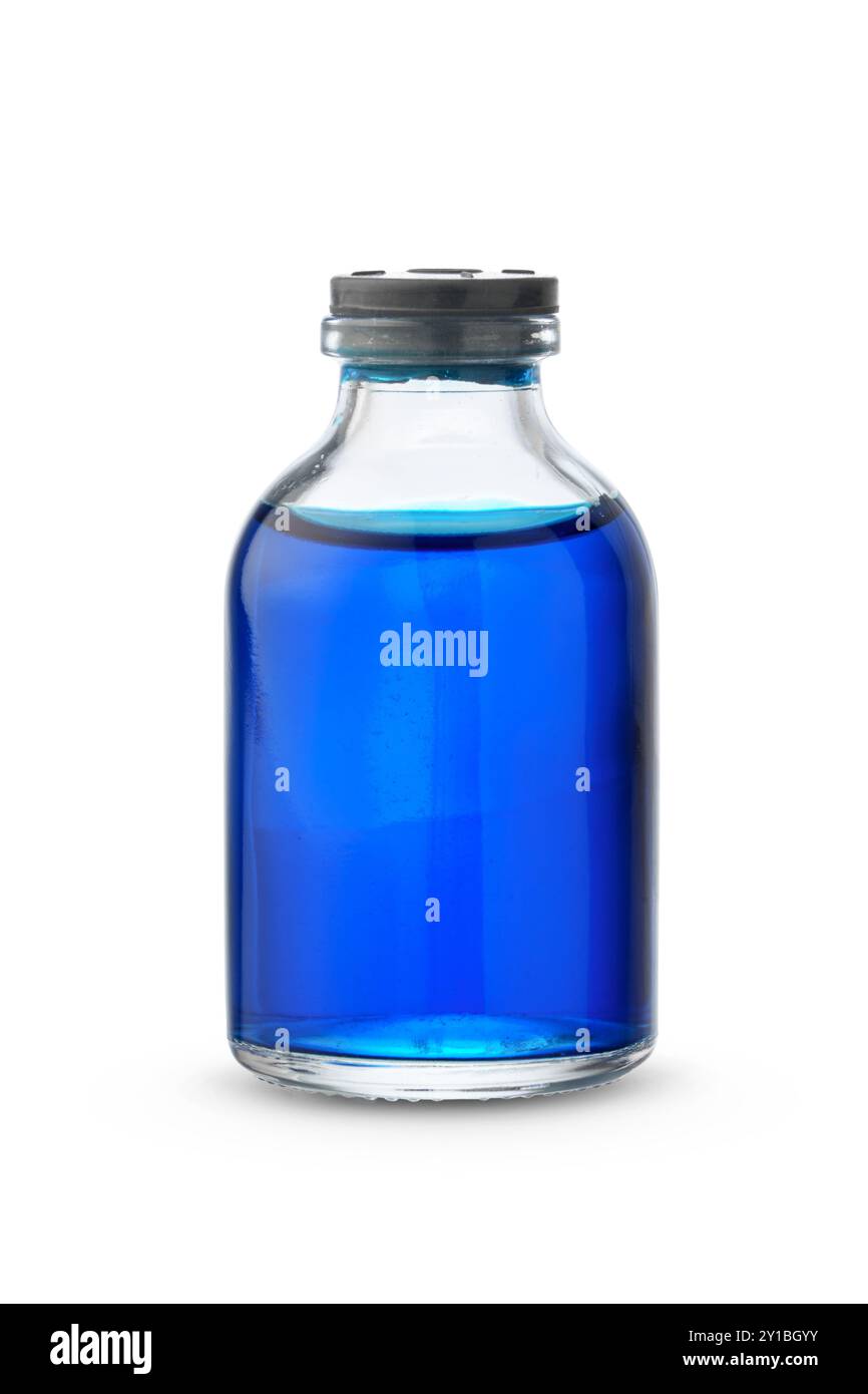 Clear Glass Bottle Containing Bright Blue Liquid on a White Background ...