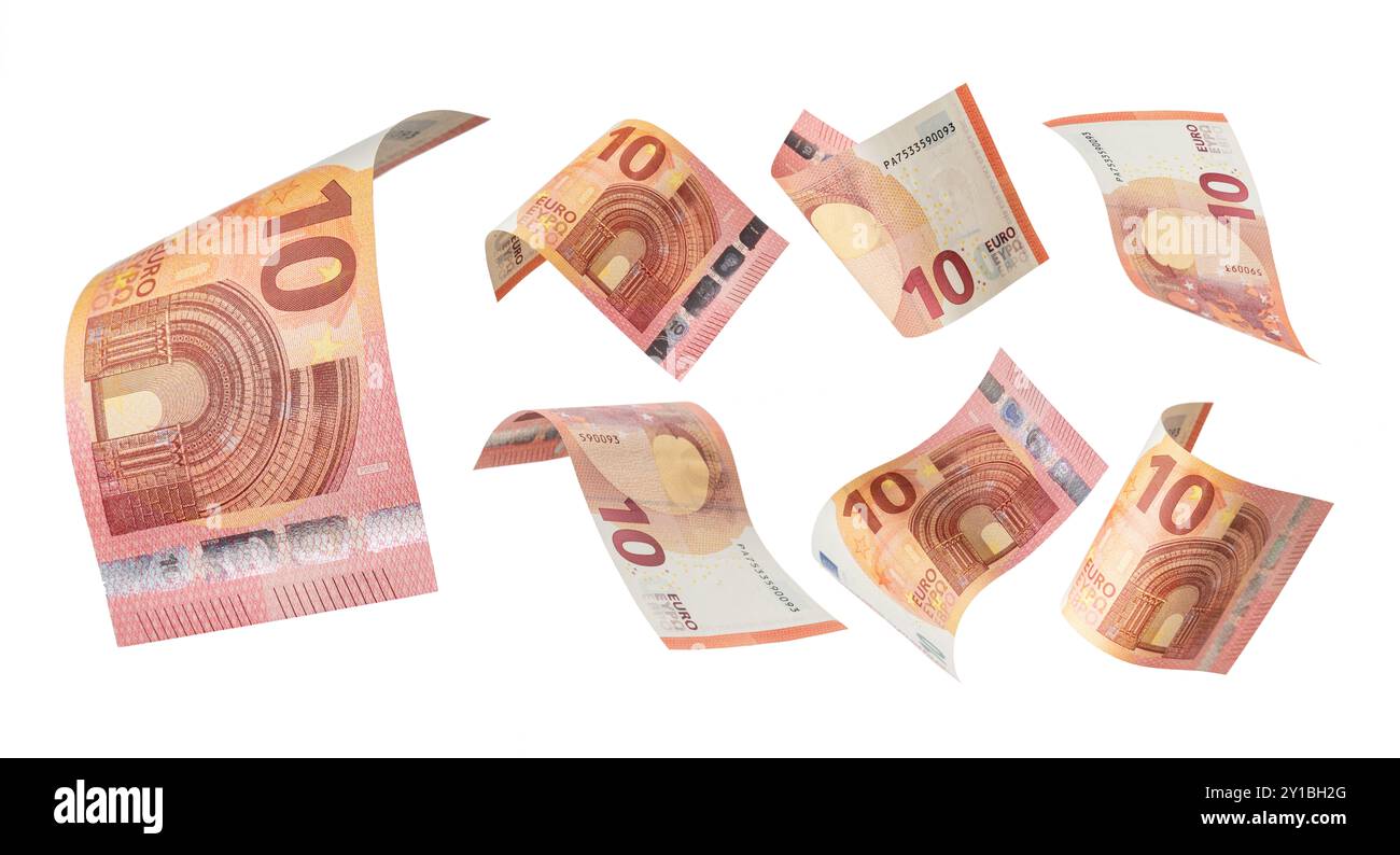 10 euro flying on white background. Euro Union banknotes at different ...