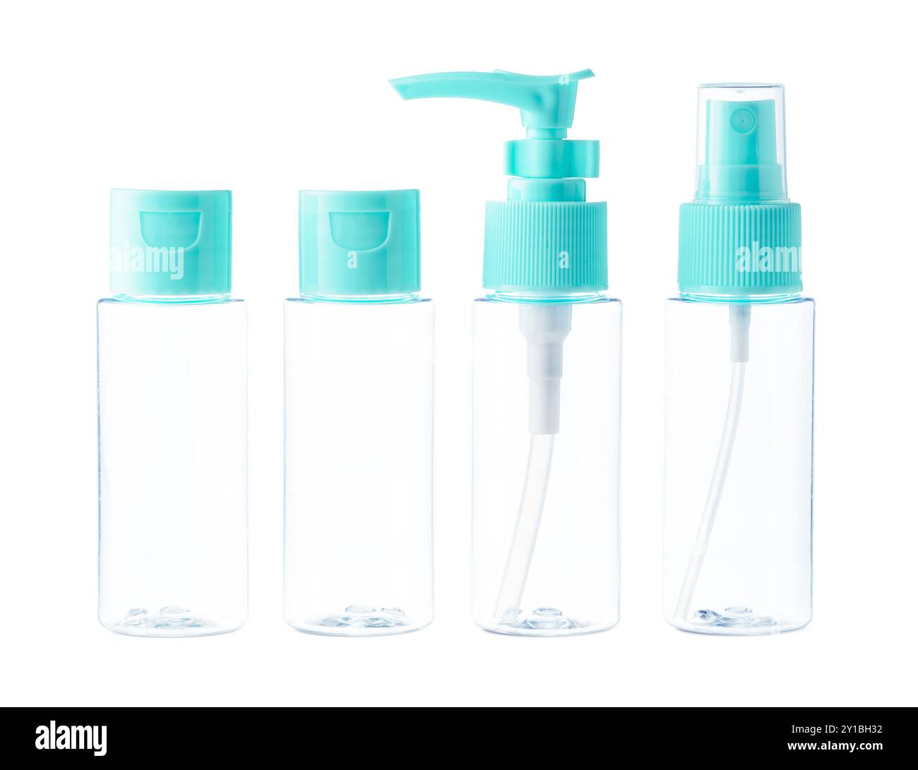 Clear plastic bottles with blue pumps and spray tops arranged on a ...