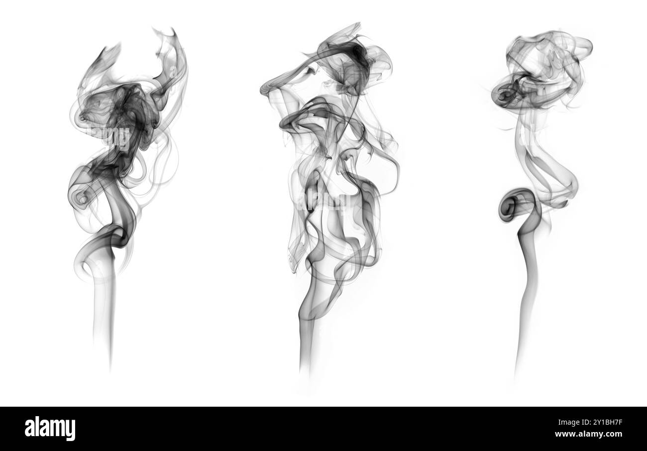 Three distinct gray smoke shapes swirling up against a white background ...