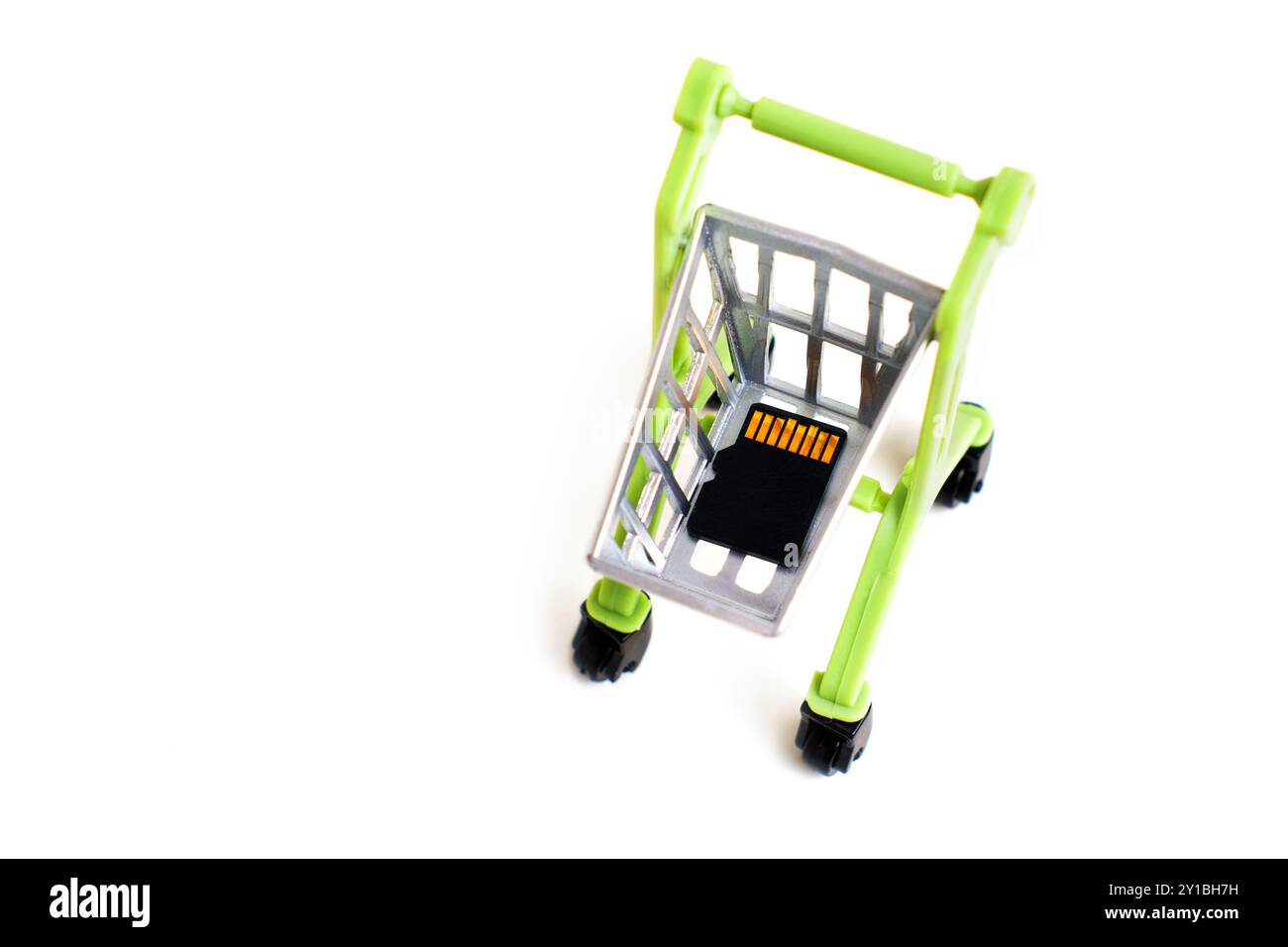 Overhead view showcasing a mini shopping cart carrying a memory card ...