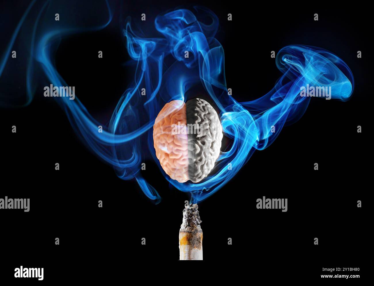 Damaged human brain and cigarette smoke on black background. Impact of ...